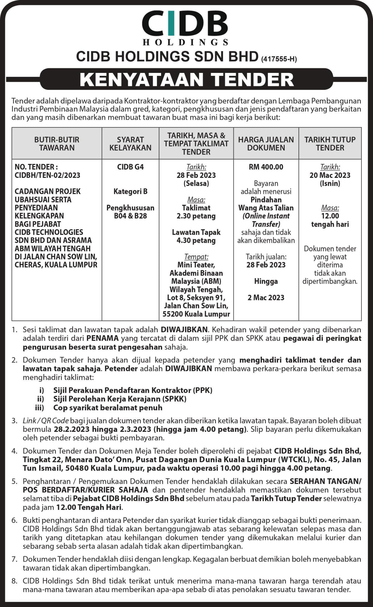 PEMAKLUMAN KENYATAAN TENDER | CIDB HQ